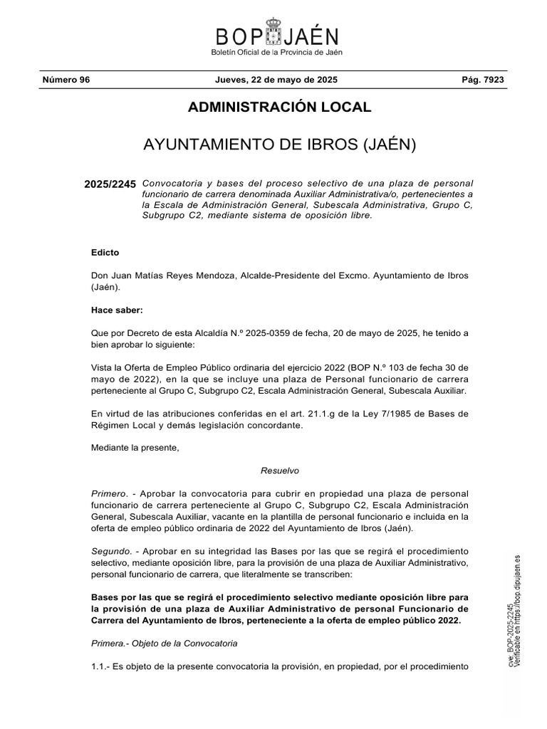 BOP 2025 2245. Publicacion Convocatoria y Bases | PDF | Judicaturas | Constitución