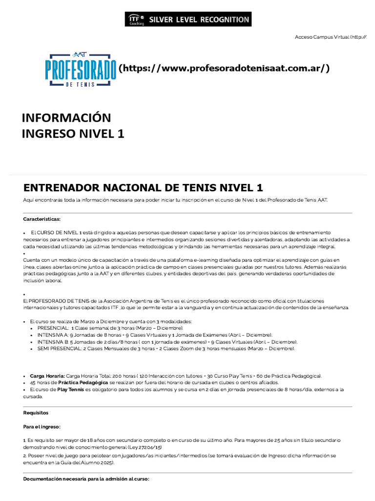 Informacion - Profesorado AAT ITF Nivel 1 | PDF | Aprendizaje