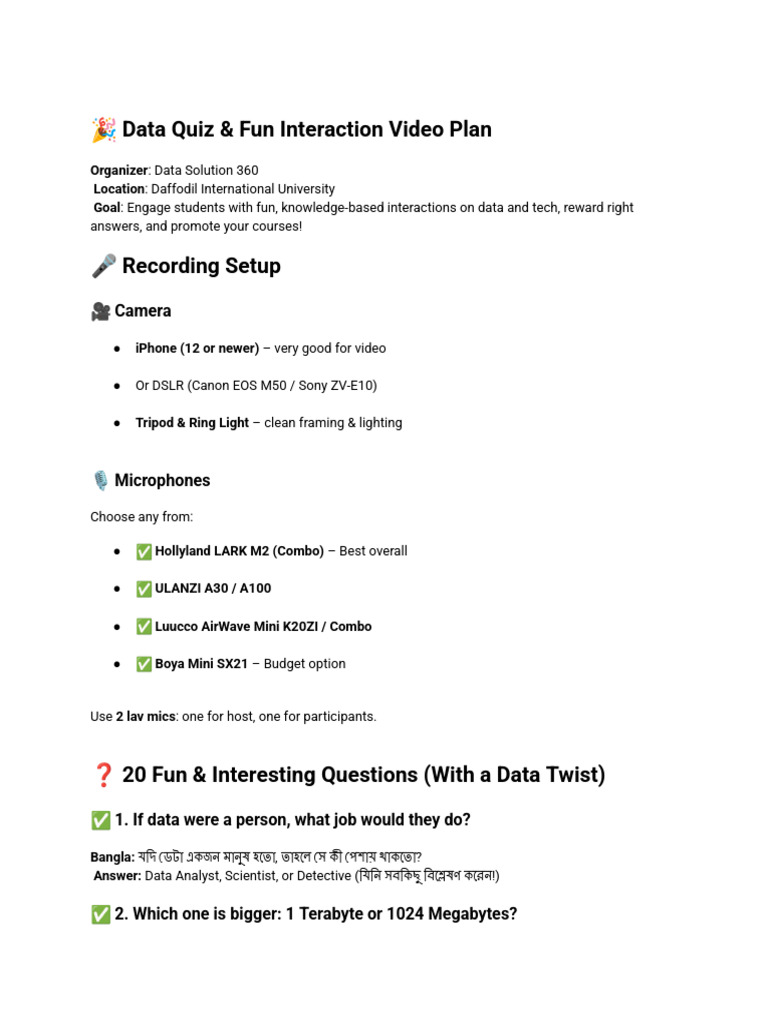 Data Quiz & Fun Interaction Video Plan | PDF