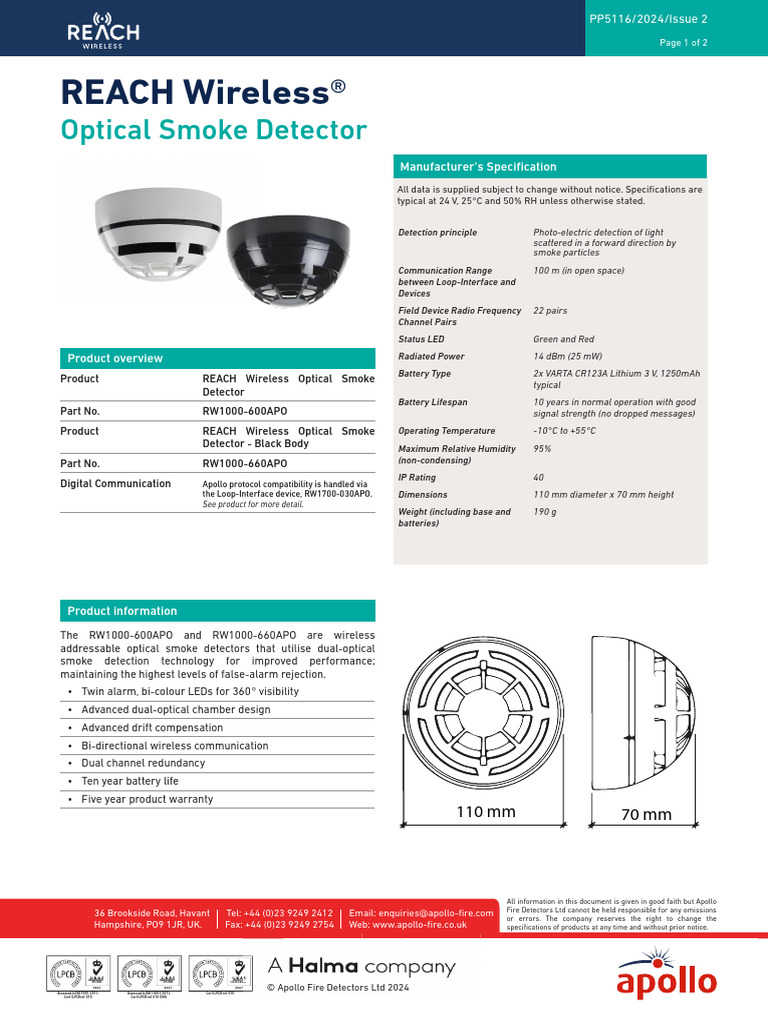 PP5116 REACH Wireless Optical Smoke Detector | PDF | Smoke ...