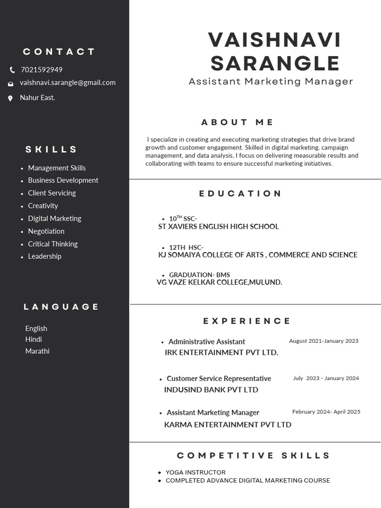 Vaishnavi Sarangle CV Resume PDF | PDF