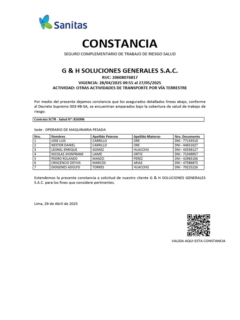 Constancia SCTR Salud - G & H Soluciones Generales SAC - Abril | PDF
