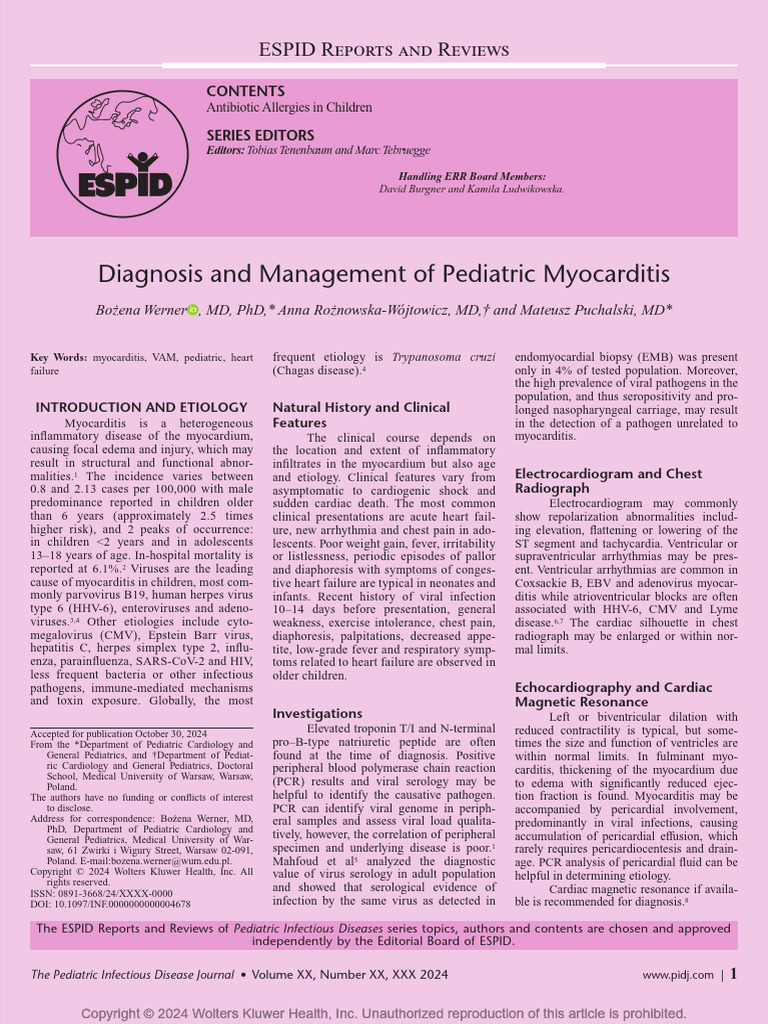 Diagnosis and Management of Pediatric Myocarditis 2024 | PDF | Human ...