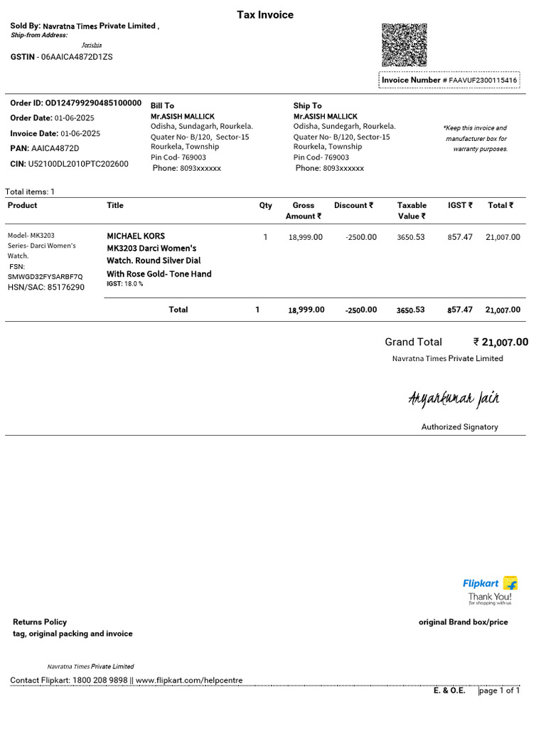 Michael Kors Invoice | PDF | Taxes | Payments