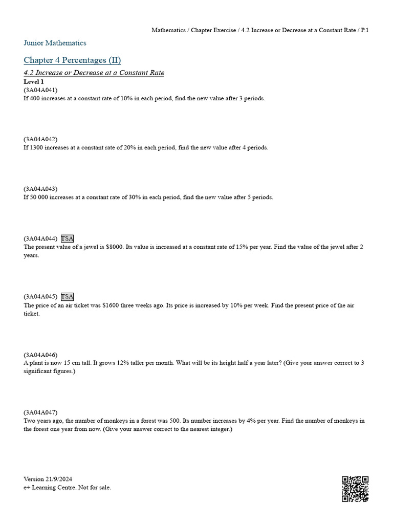 Constant Rate Increase/Decrease Exercises | PDF | Percentage ...