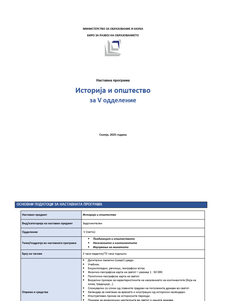 Nastavna Programa Istorija I Opn | PDF