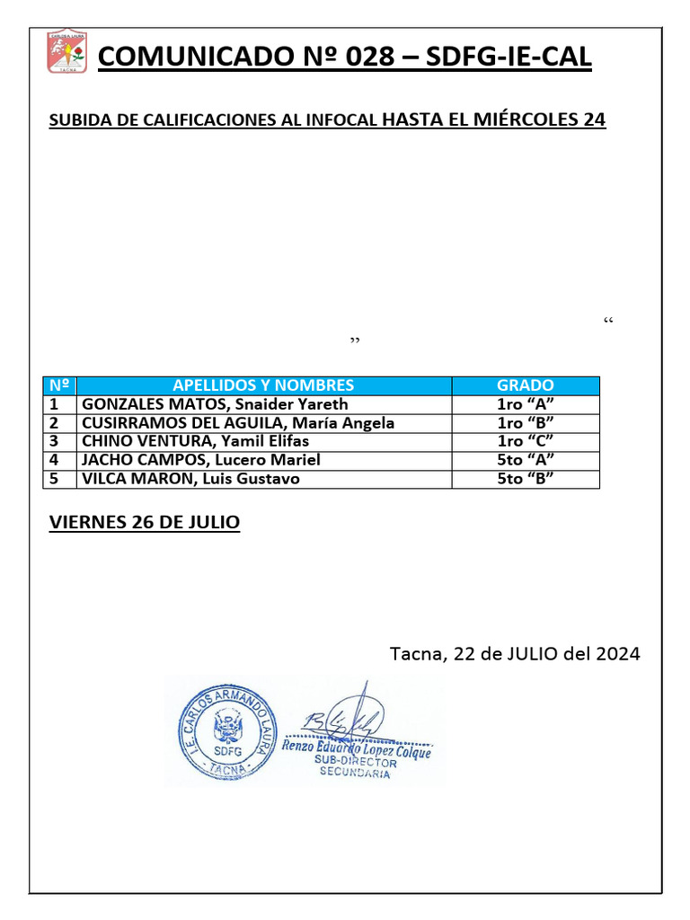 Comunicado 028 Subida de Calificaciones Del 2do Bimestre y Asistencia El Viernes 26 de Julio | PDF