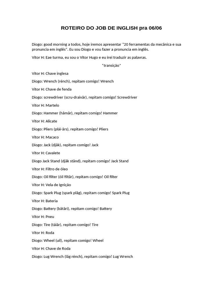 ROTEIRO DO JOB DE INGLISH Pra 06 | PDF