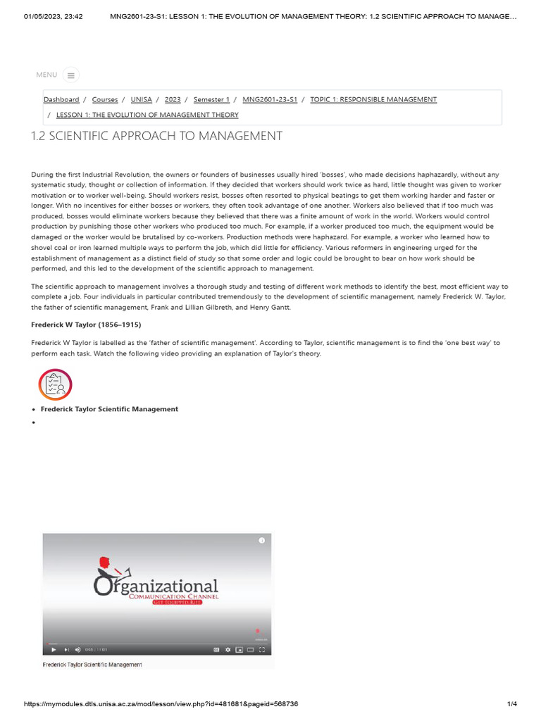 Mng2601-23-s1 - Lesson 1 - The Evolution of Management Theory - 1.2 Scientific Approach To ...
