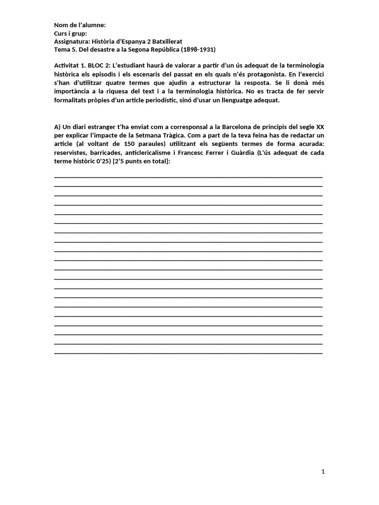 Activitat 1. Setmana Tràgica | PDF