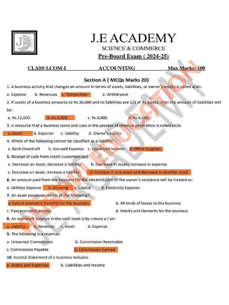 Xi - Commerce Je Academy Comprehensive 2025 | PDF
