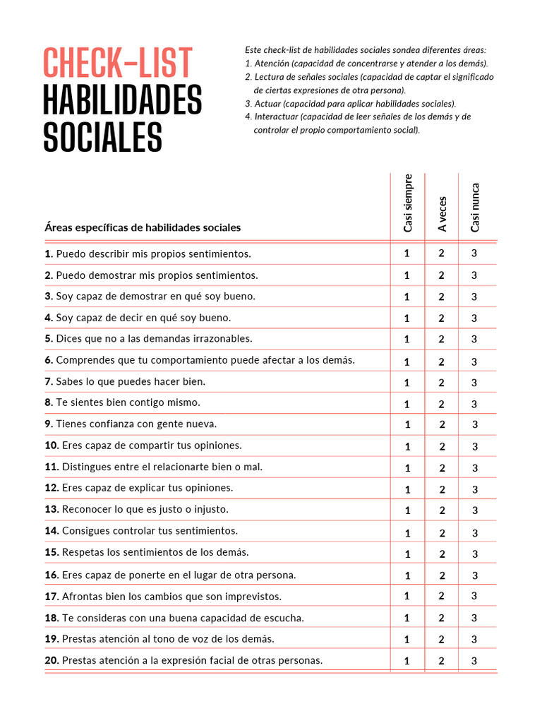 Checklist de Habilidades Sociales Esenciales | PDF | Sicología