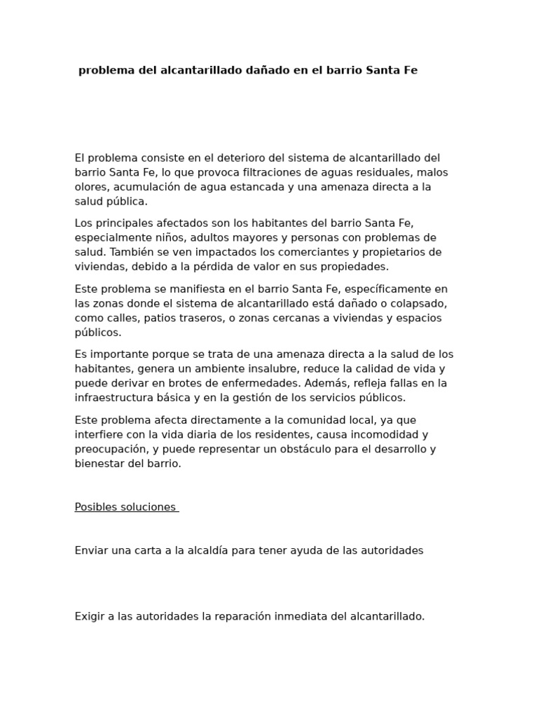 Problema Del Alcantarillado Dañado en El Barrio Santa Fe | PDF