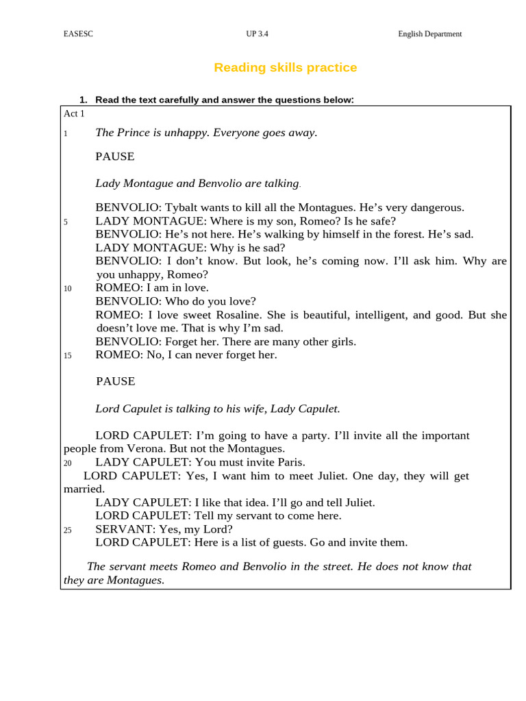 ALEXIS POL MARCET - Act 3. Reading Skills Practice | PDF | Characters In Romeo And Juliet ...