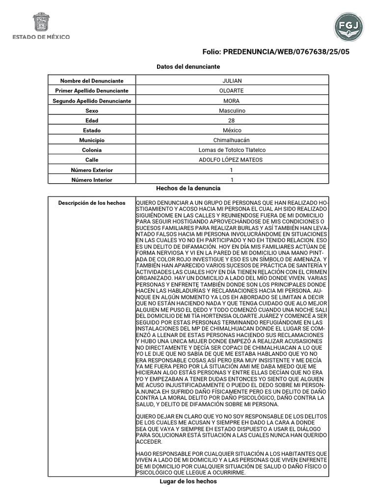 Unc Ia Eb: Folio: PREDENUNCIA/WEB/0767638/25/05 | PDF | Extorsión
