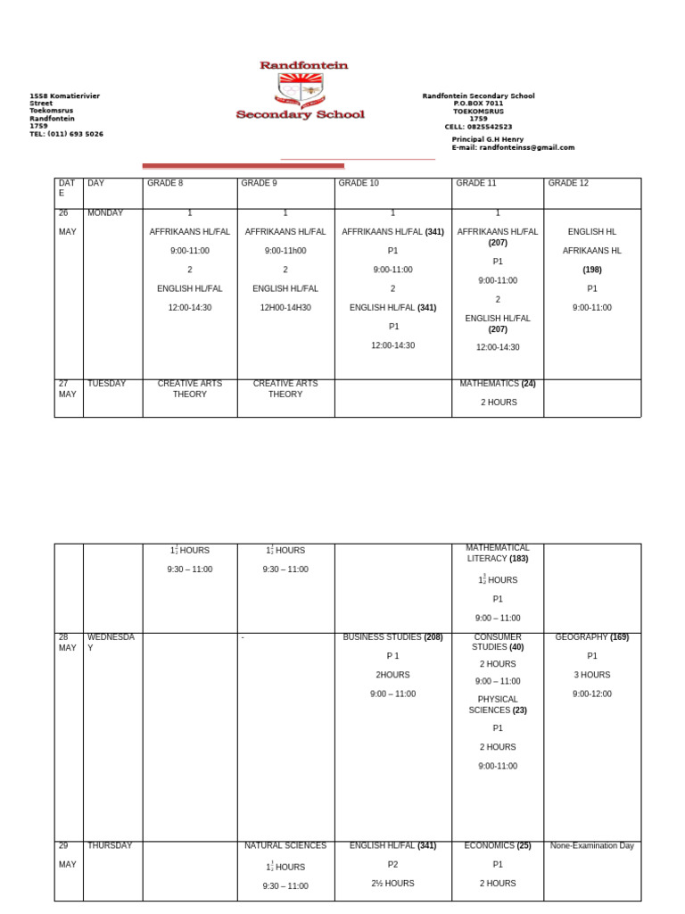 Randfontein Secondary June Exam Timetable 2025 | PDF