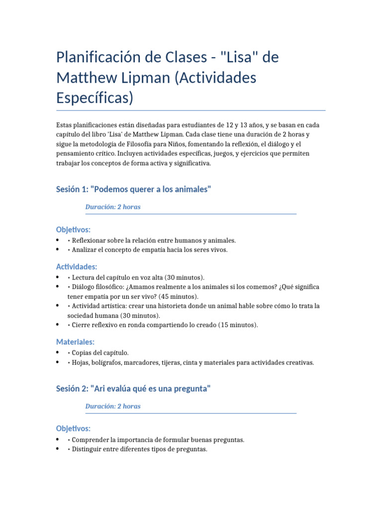 Planificación_Clases_Lisa_Lipman_Actividades_Especificas | PDF ...