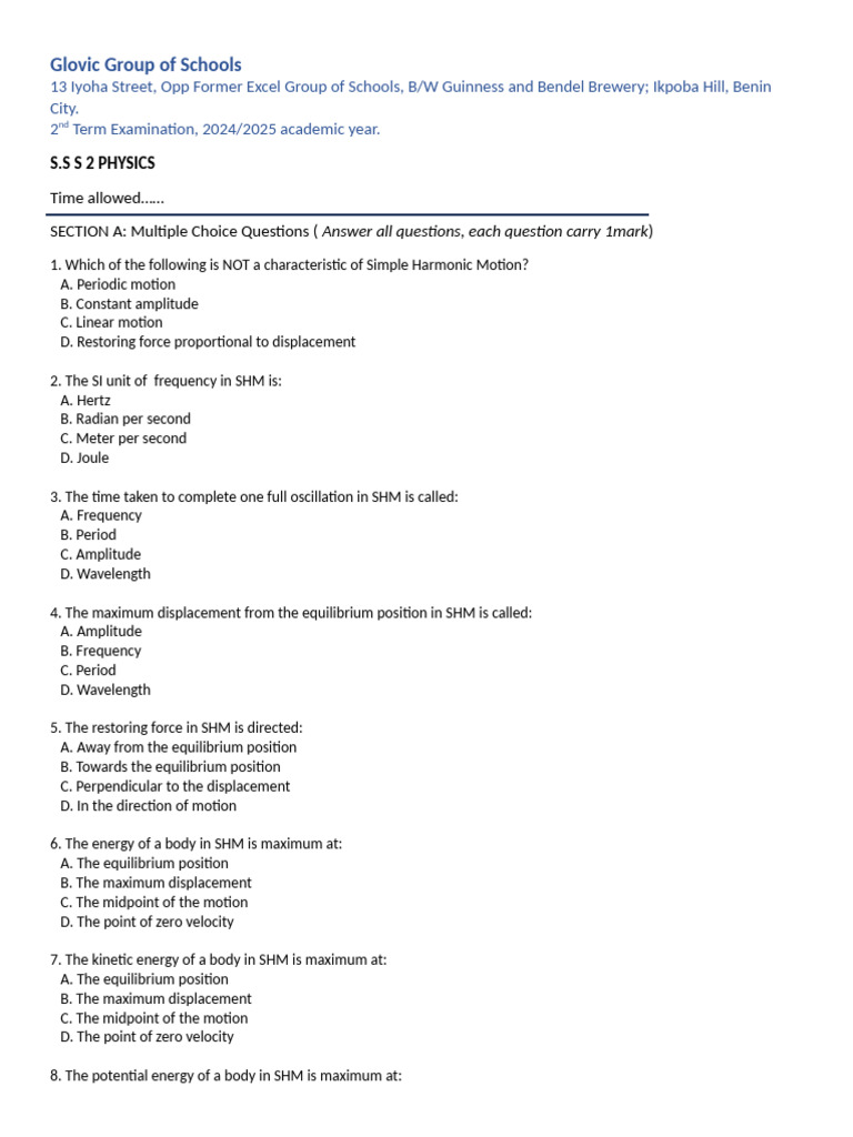S.S 2 Physics 2nd Term Exam 2024/2025 | PDF | Lever | Force