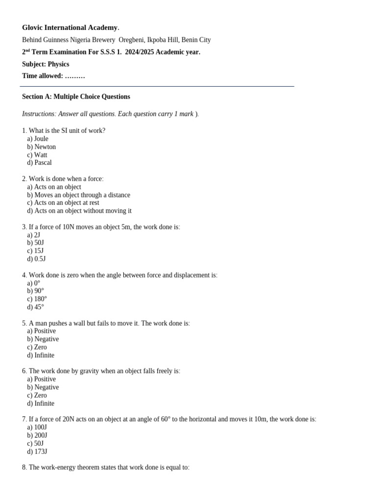 Glovic Schools SS1 Physics Exam | PDF | Force | Kinetic Energy