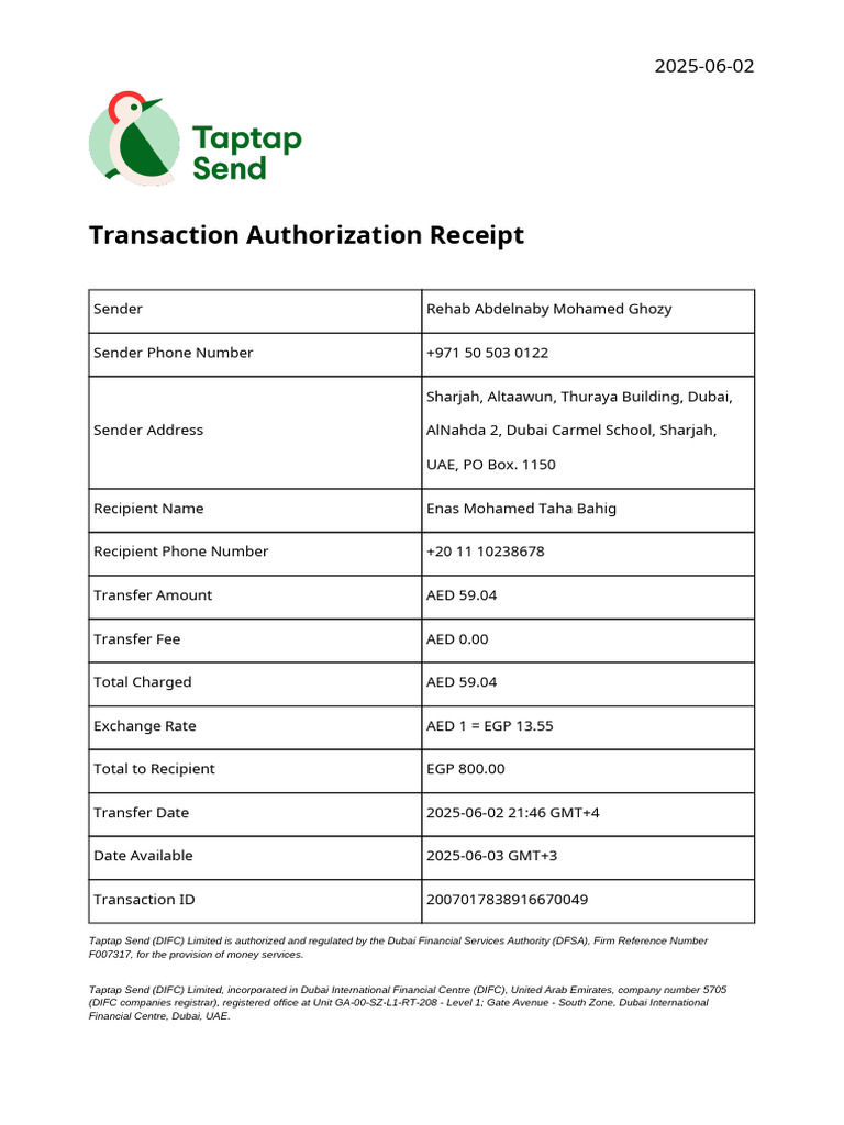 AED to EGP Transfer Receipt | PDF