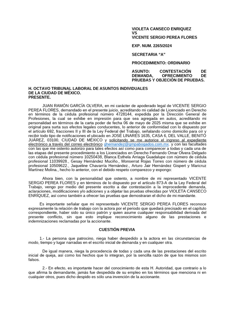 Contestación a Demanda Laboral 2265/2024 | PDF | Demanda judicial ...