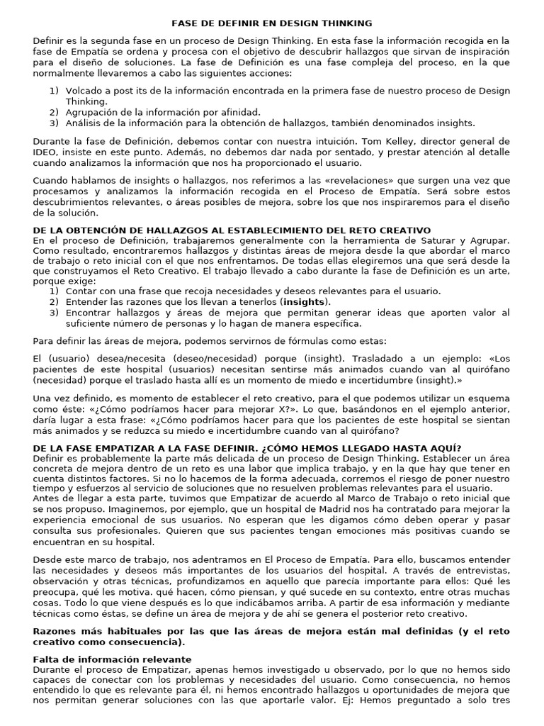 Fase de Definir en Design Thinking | PDF | El pensamiento de diseño ...