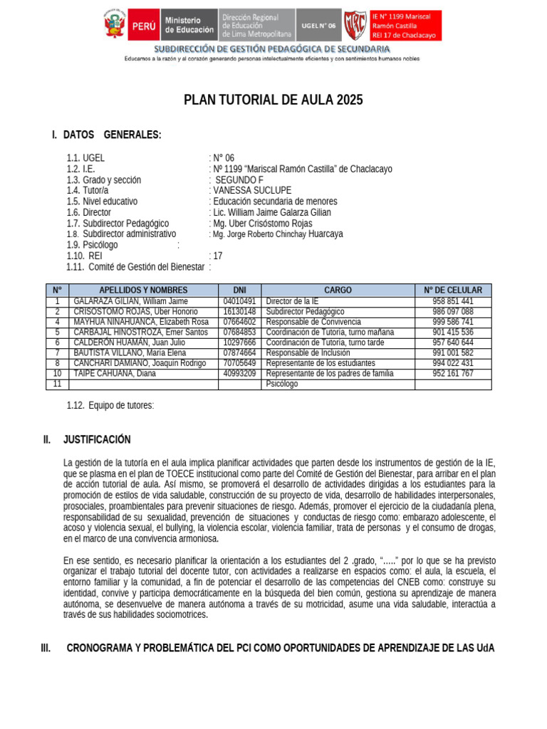 Plan Tutorial de Aula SEGUNDO F | PDF | Salón de clases | Aprendizaje