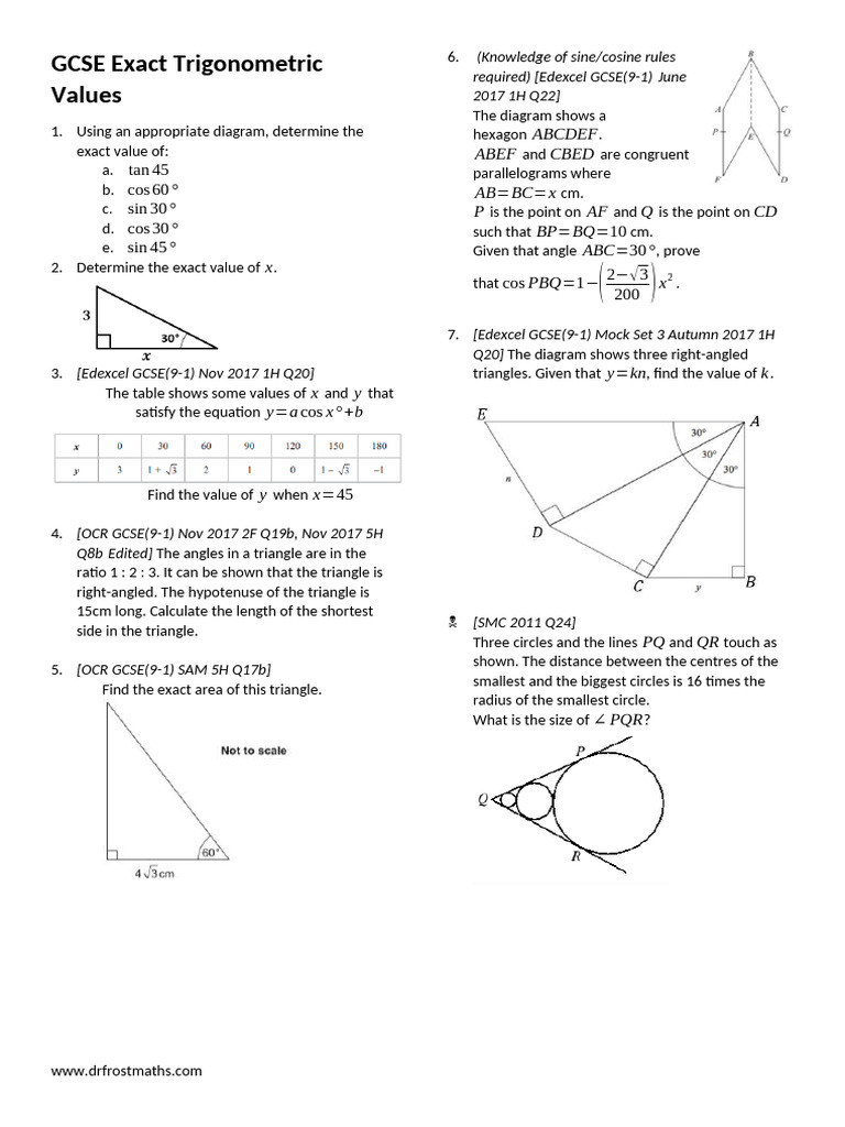 GCSE Exact Trigonometric Values Guide | PDF | Trigonometric Functions ...