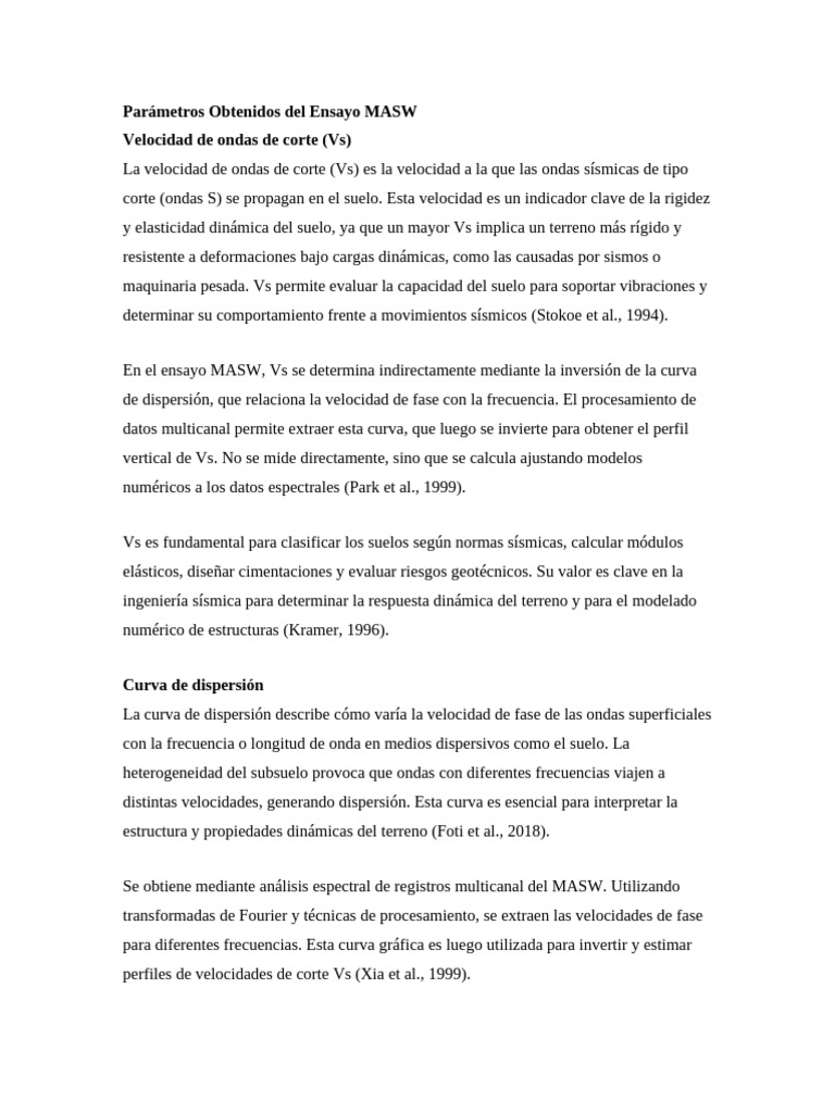 Parametros Ensayo MASW Completo Con Referencias Links | PDF | Olas | Frecuencia