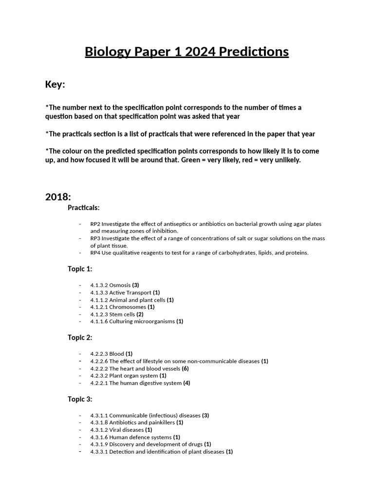 Biology Paper 1 2024 Predictions | PDF | Cell (Biology) | Infection