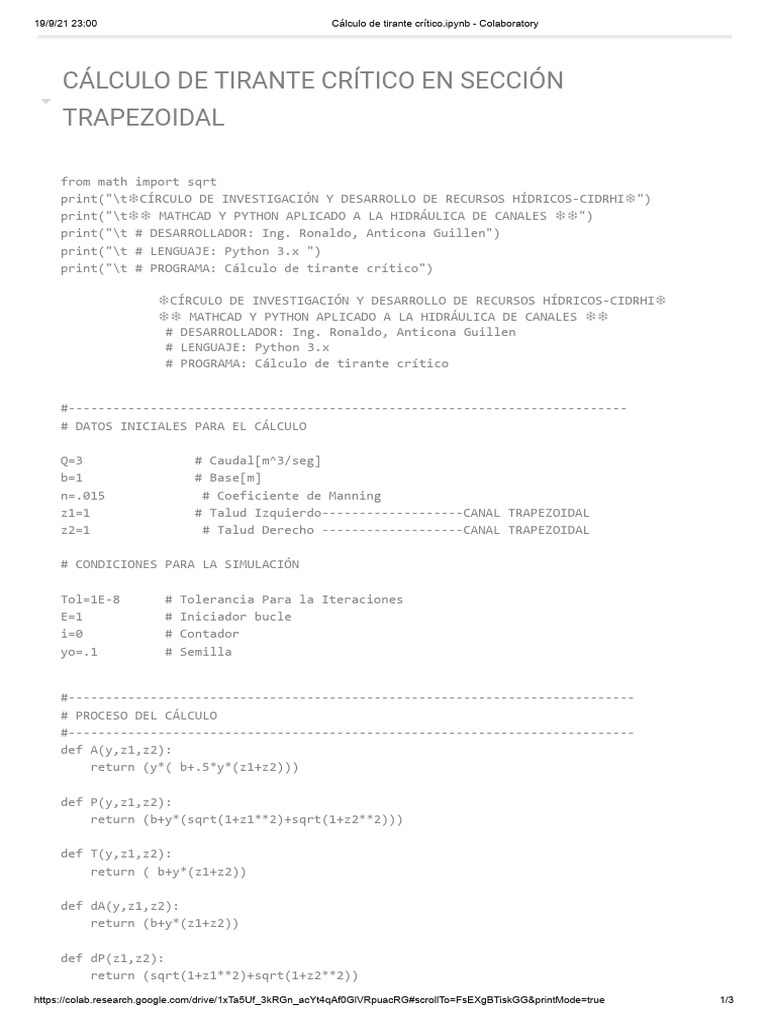 Cálculo de Tirante Crítico - Ipynb - Colaboratory | PDF | Python (lenguaje de programación ...