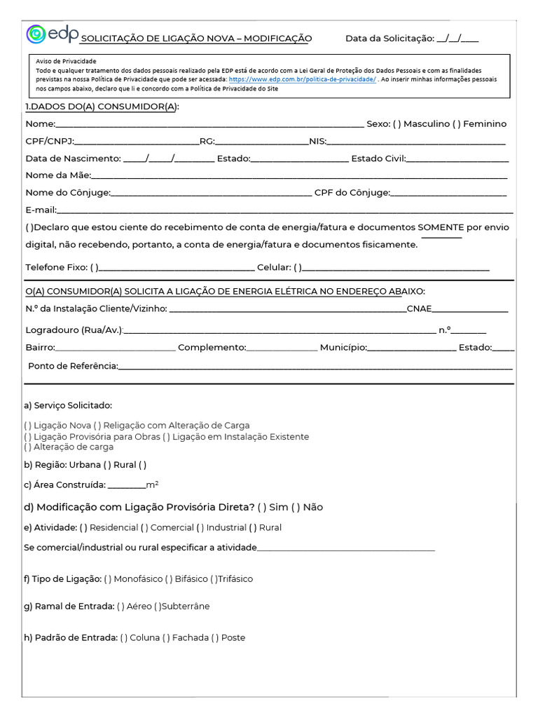 Modelo Edp Formulario Ligacao Nova Modificacao Edp SP | PDF | Motores ...