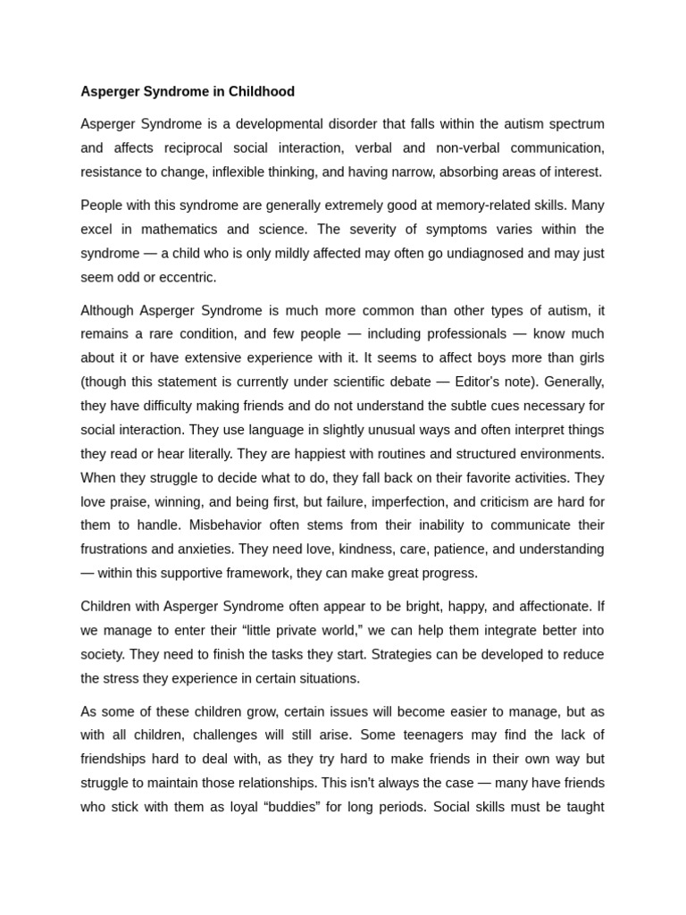Asperger Syndrome in Childhood | PDF | Asperger Syndrome | Autism