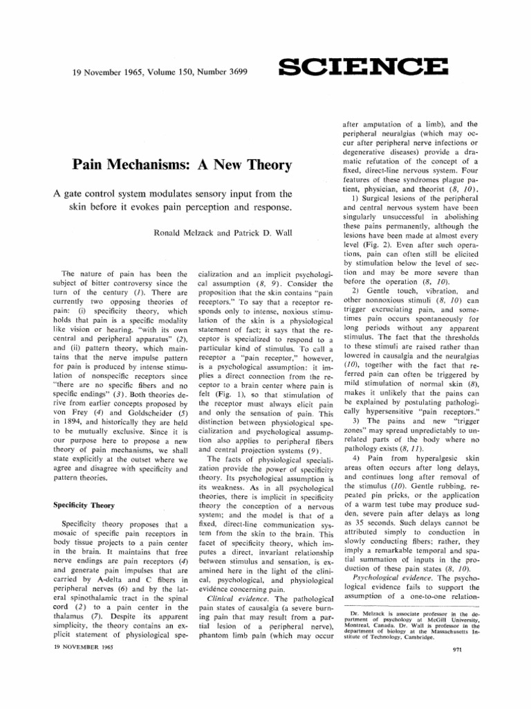 1965 Melzak Wall Gate Theory Pain Neurophysiology. | PDF | Pain | Axon