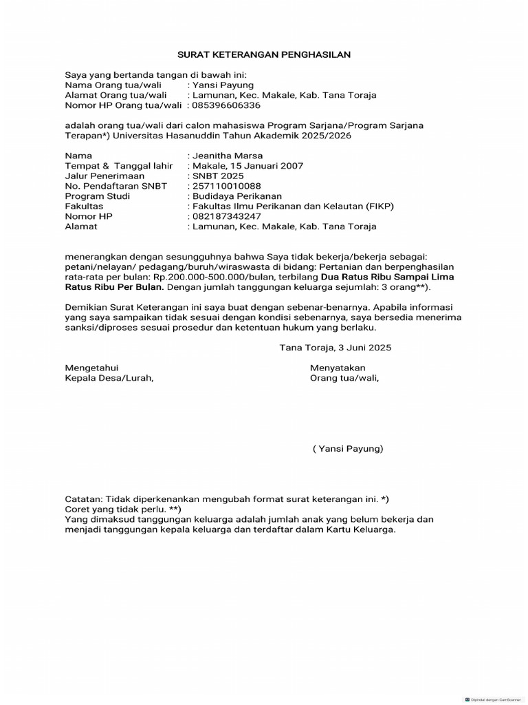 Form Surat Keterangan Penghasilan Pokok Dan Tambahan 2025(1) | PDF