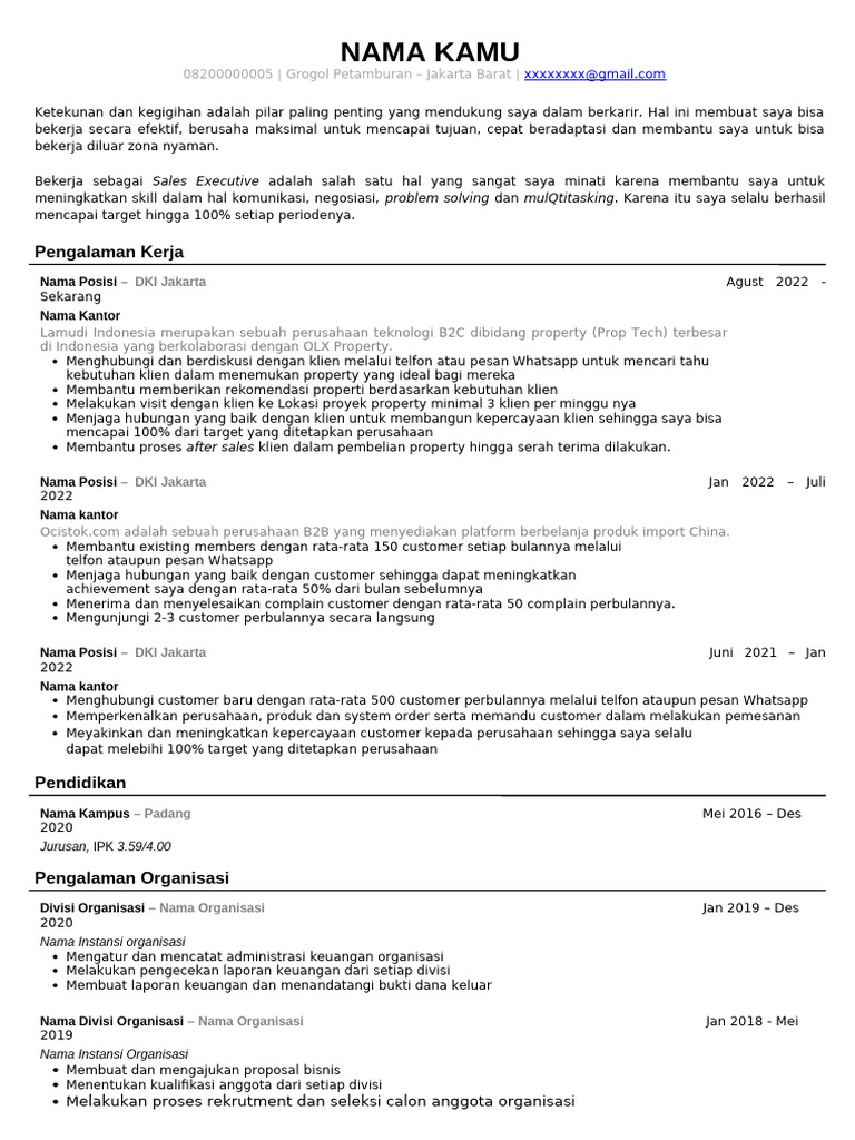 Template CV ATS untuk Sales Executive | PDF