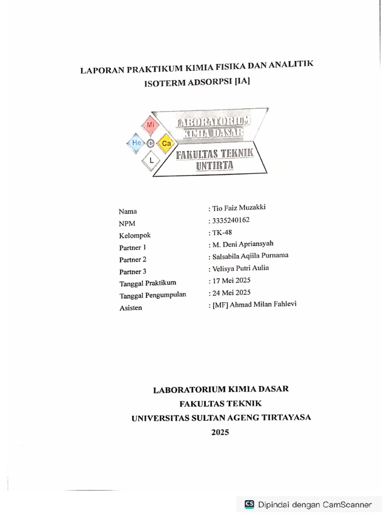 Laporan Praktikum Kimia Fisik & Analitik - Modul 4 - Isoterm Adsorpsi - Tio Faiz Muzakki ...