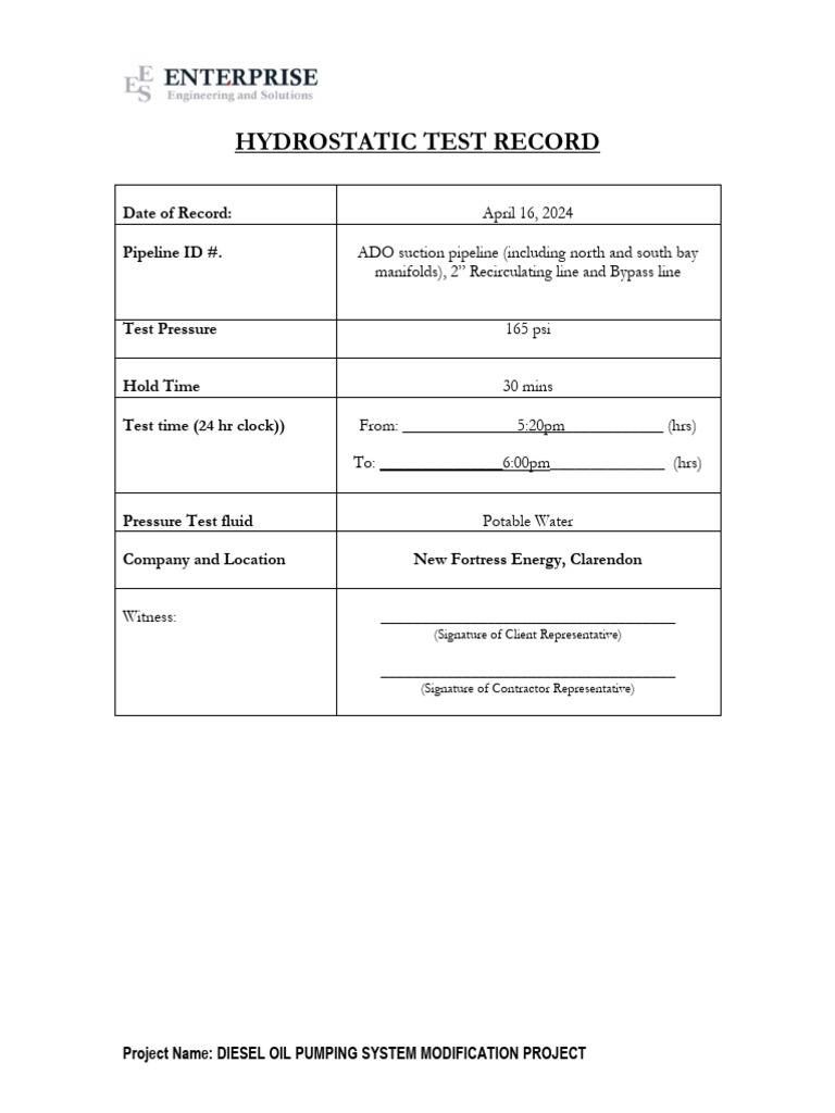 Diesel Oil Pumping System Test Record | PDF