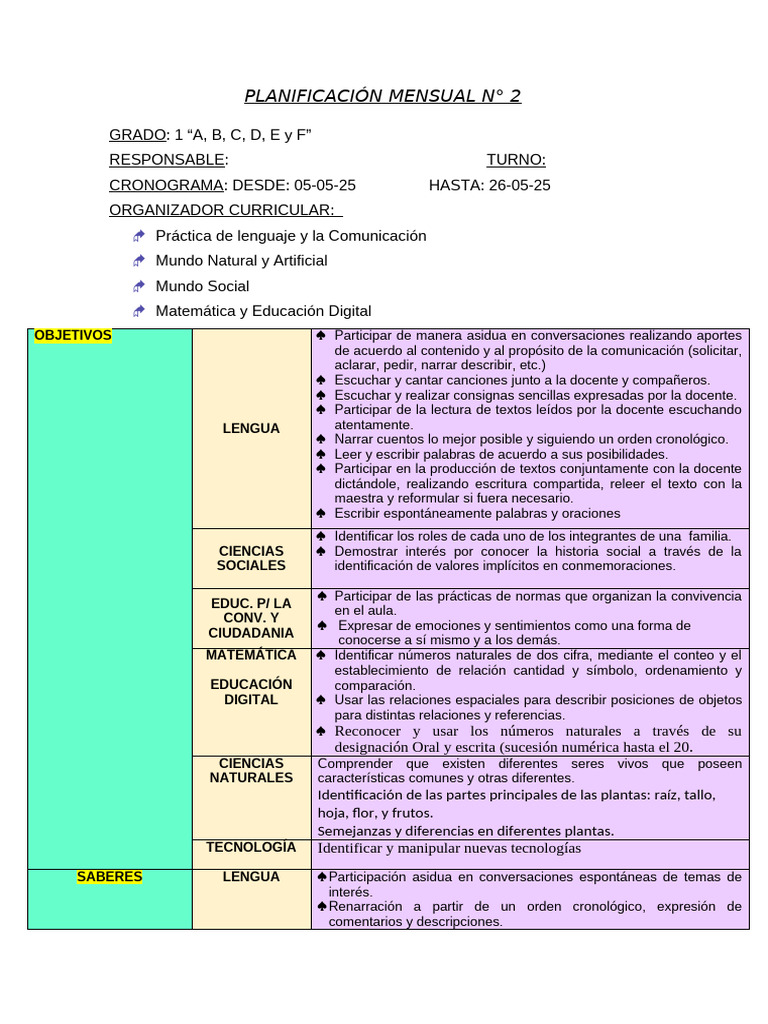 Planificación Mensual Grado 1 - Mayo 2025 | PDF | Maestros | Escritura