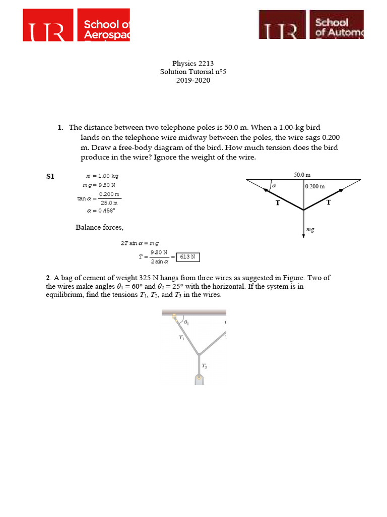 Solution Tutorial 5 Phys1 UIR 2019 2020 | PDF | Tension (Physics) | Force