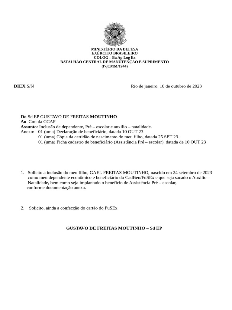 DIEx Inclusão de Dependente, Pré - Escolar e Auxilio - Natalidade SN - SD Coelho | PDF