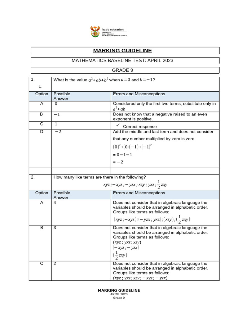 Dbe Grade 9 Baseline Test Term 2 2023 Marking Guideline (Final) | PDF ...