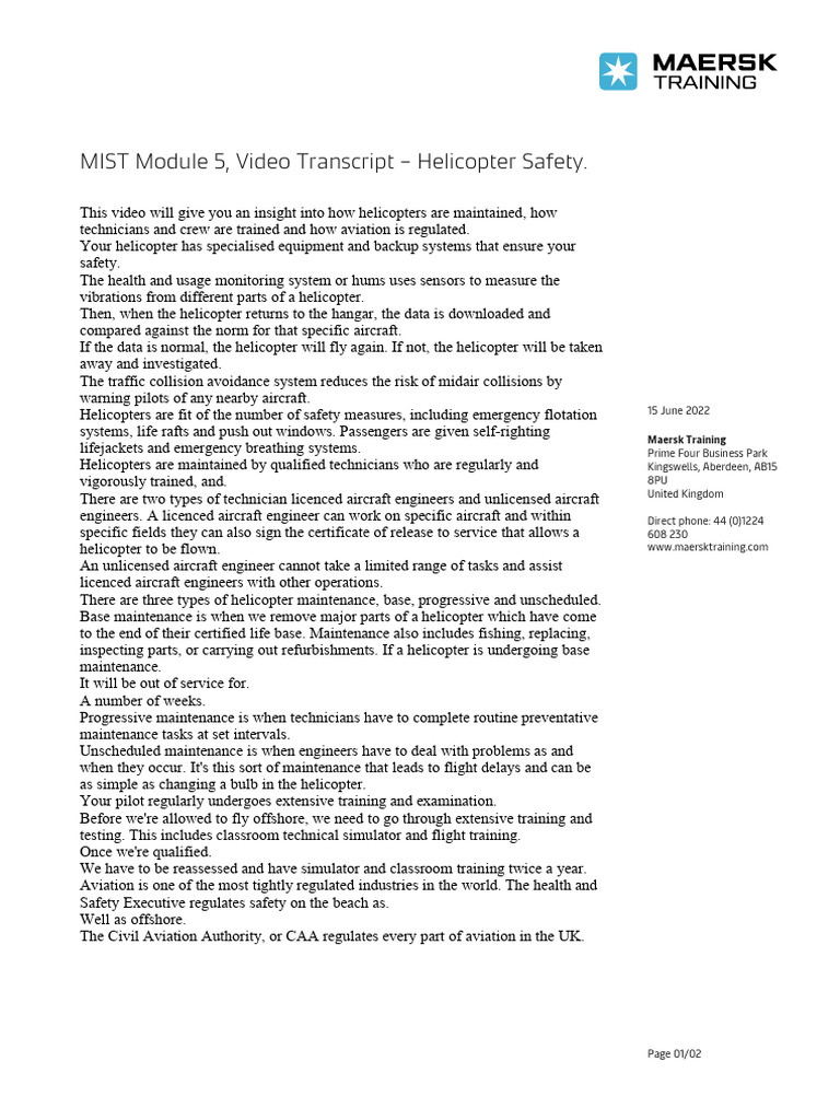 Helicopter Safety - Video Transcript | PDF | Aircraft | Aviation Safety