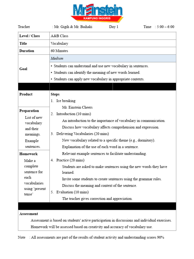 Lesson Plan Vocabulary Class B (Day 1) - Merged | PDF | Vocabulary | Reading Comprehension