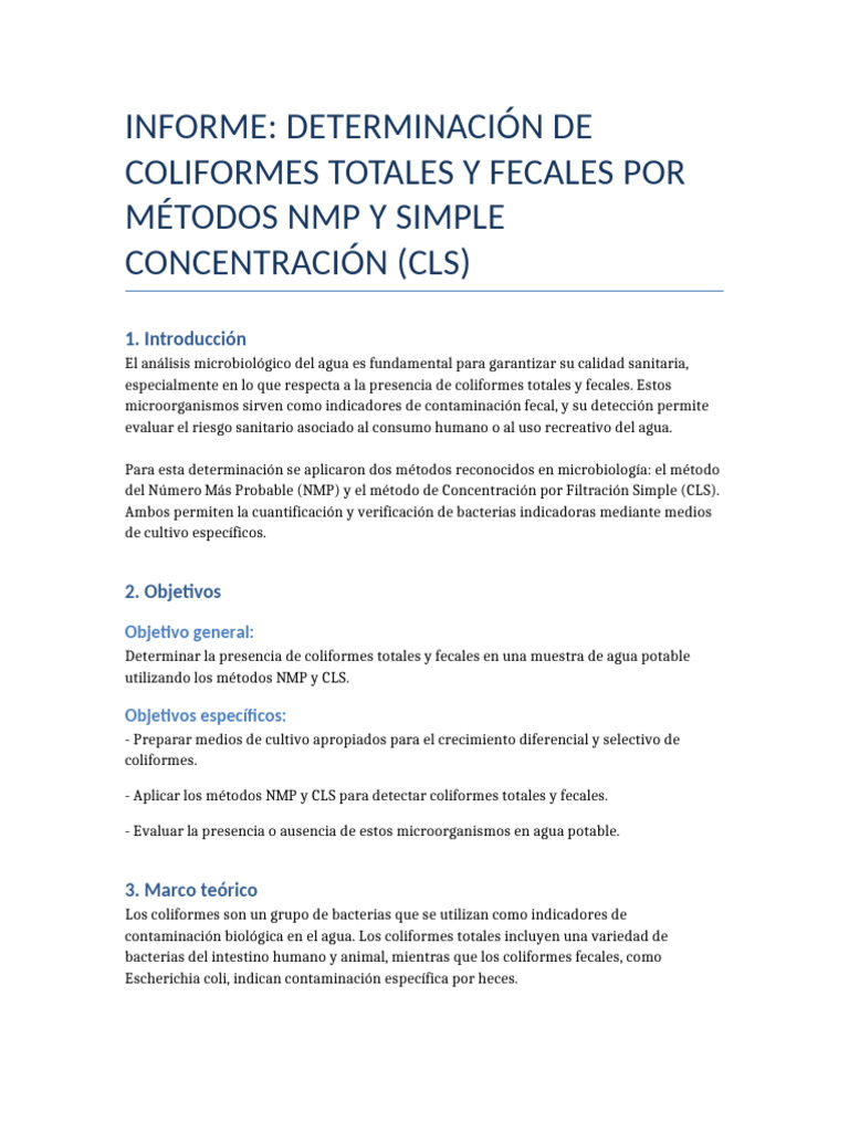 Informe Coliformes NMP CLS | PDF | Microbiología | Biología