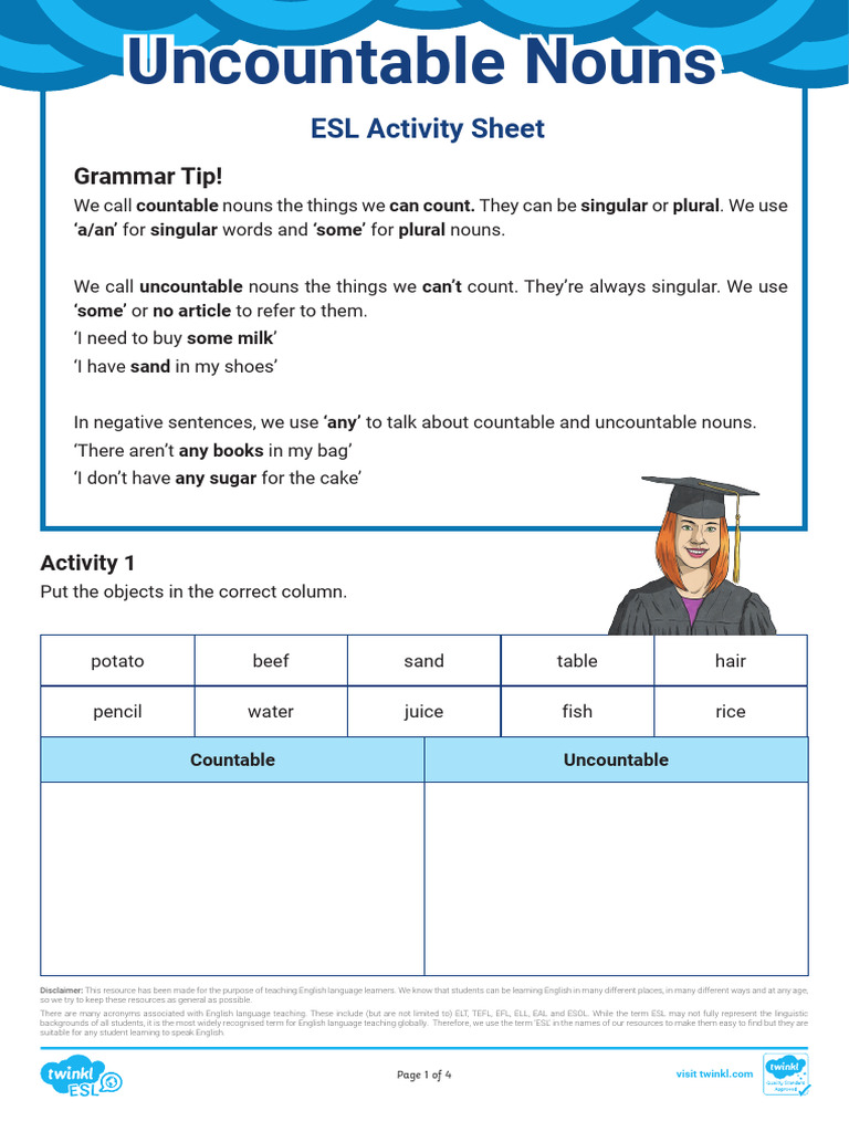 T 1724664336 Esl Uncountable Nouns Activity Sheet Teens A1 Ver 2 | PDF ...