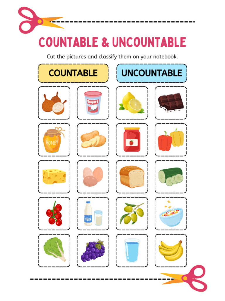 Colourful Illustrative Countable Uncountable Sorting Activity Worksheet ...