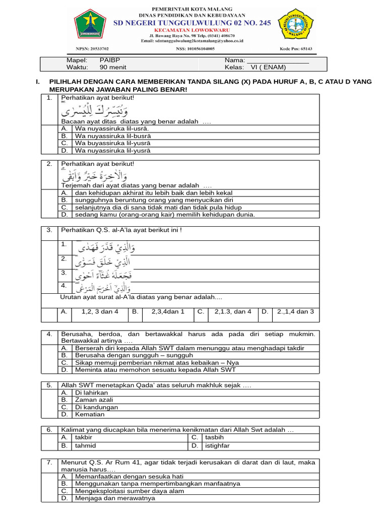 Soal Asas Pai Kelas 6 2025 | PDF