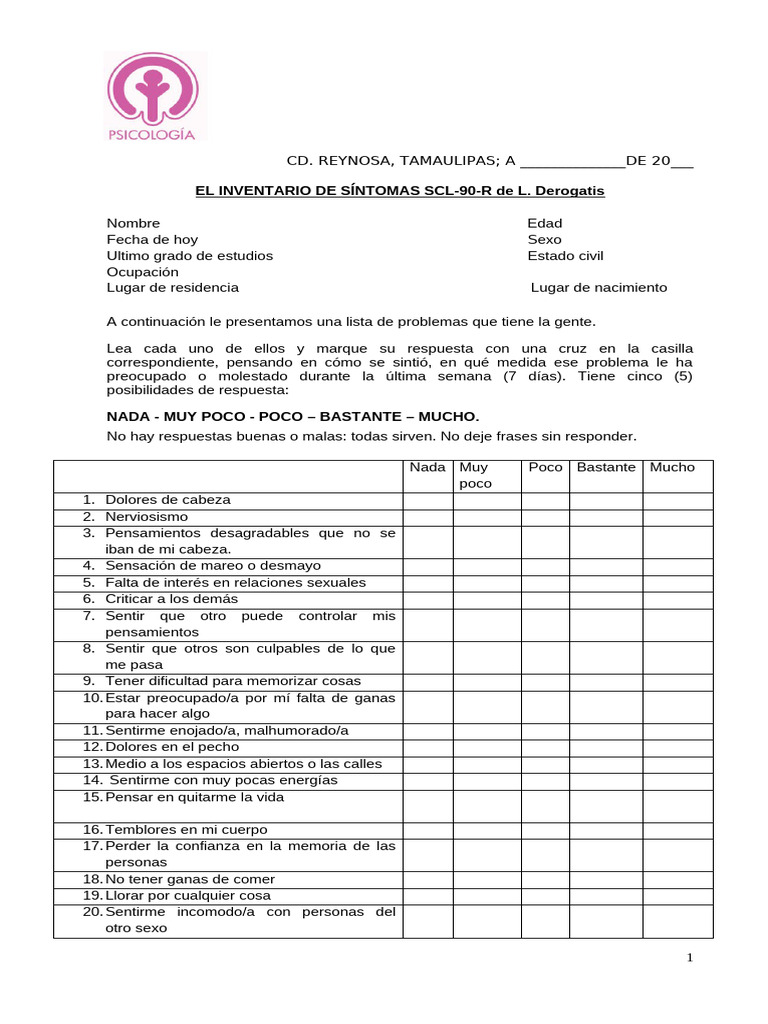 FORMATO TEST INVENTARIO DE SINTOMAS SCL-90-R de L. Derogatis | PDF
