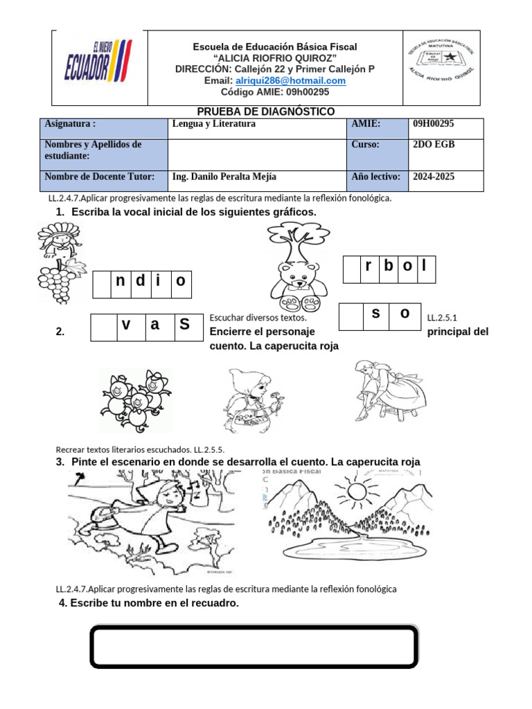 Prueba Diagnóstica Lengua 2do EGB | PDF | Comunicación humana | Lingüística